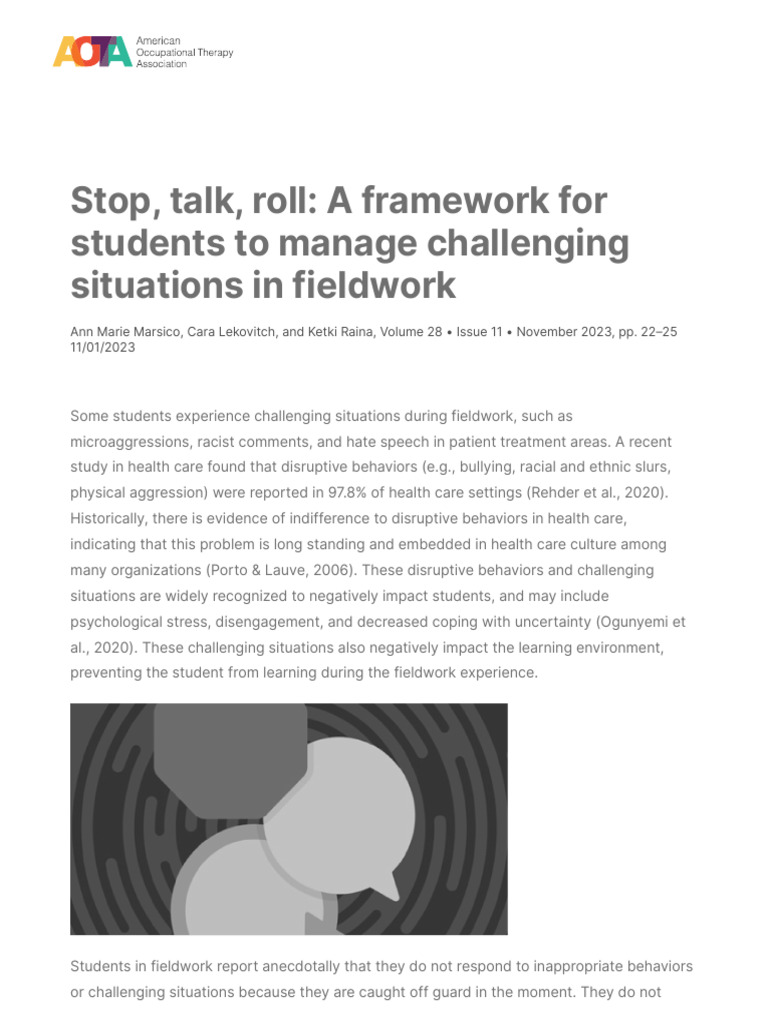 Stop Talk Roll A Framework To Manage Fieldwork Situations Aota | PDF | Patient | Field Research