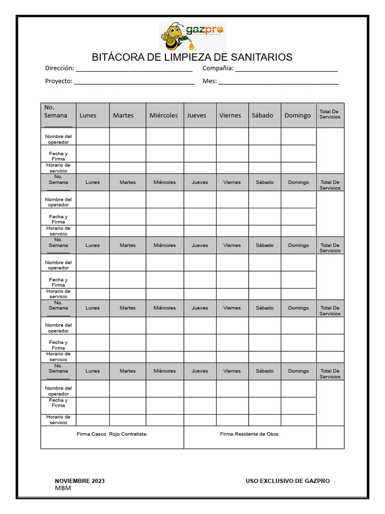 BITÁCORA DE LIMPIEZA DE SANITARIOS | PDF