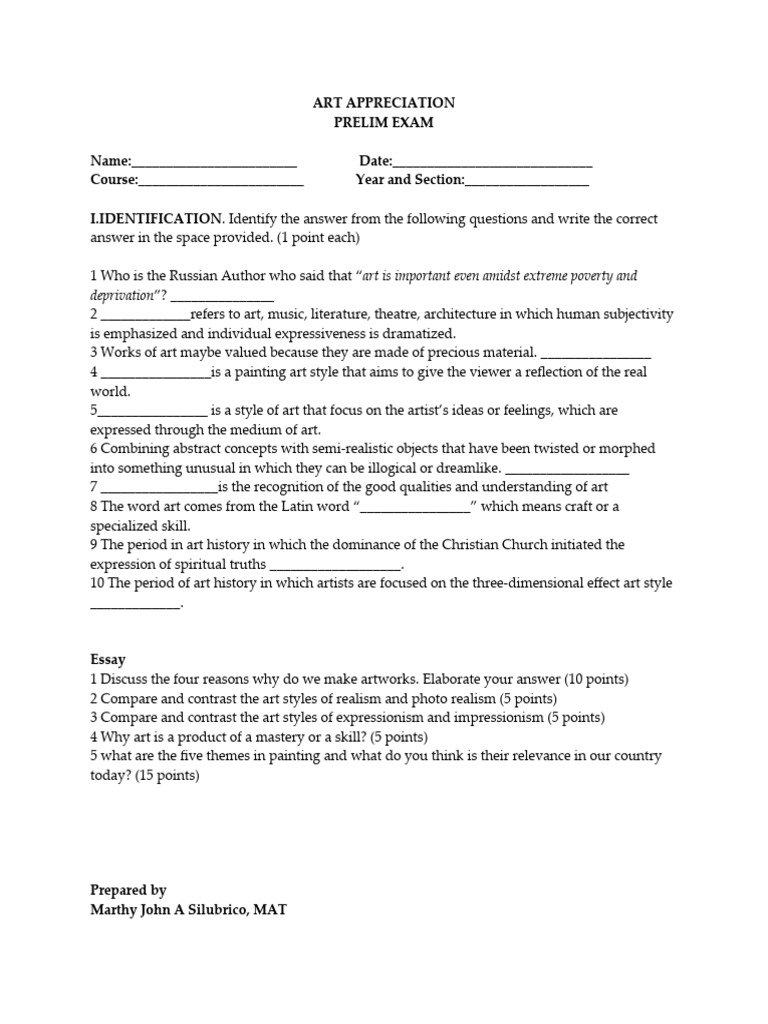 Art Appreciation Prelim Exam Guide | PDF | Philosophy Of Self | Ancient ...