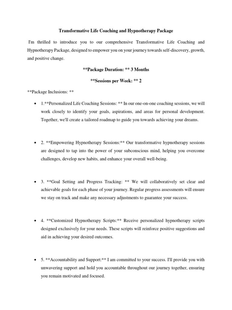 Transformative Life Coaching and Hypnotherapy Package | PDF | Hypnotherapy | Goal