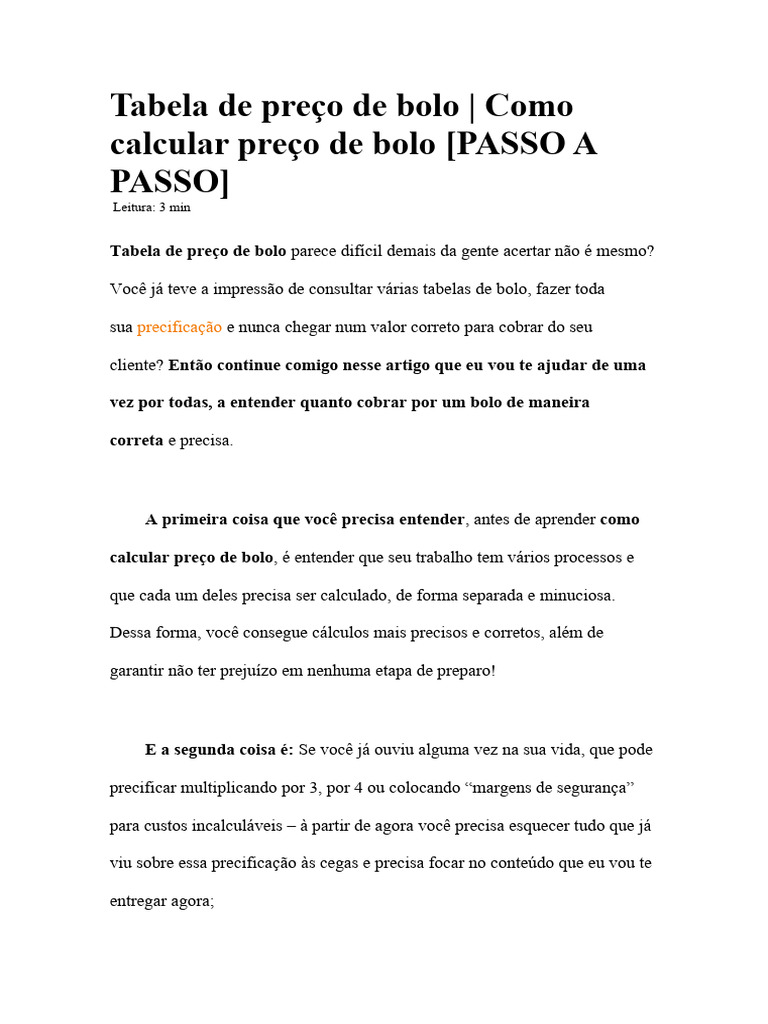Tabela de Preço de Bolos: Guia Prático | PDF | Chocolate | Preços