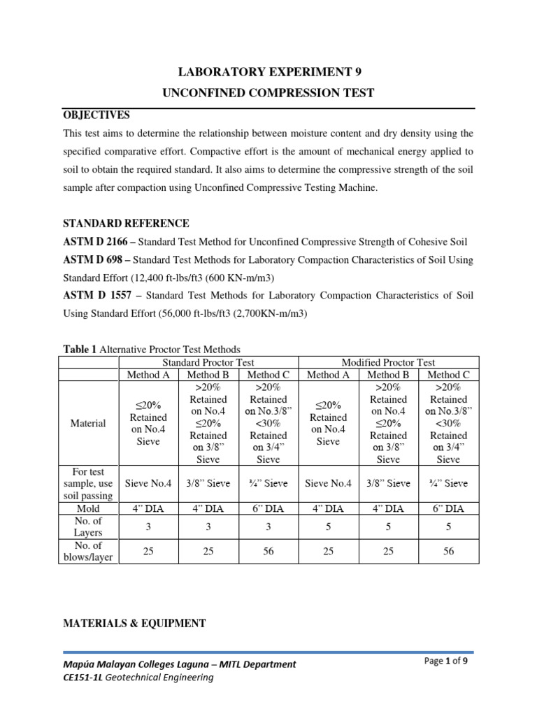 Laboratory Experiment 9 Unconfined Compression Test 1 1 | PDF ...