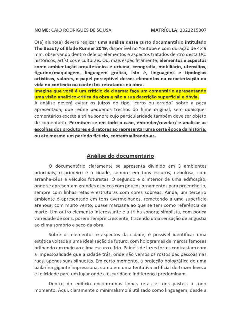 Analise Documentario PDF Document rio Marte