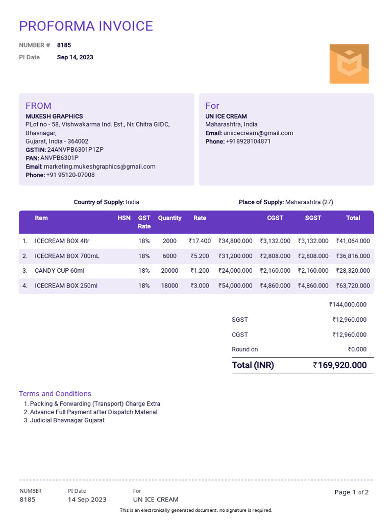 Proforma Invoice for Ice Cream | PDF | Economies | Economy Of India