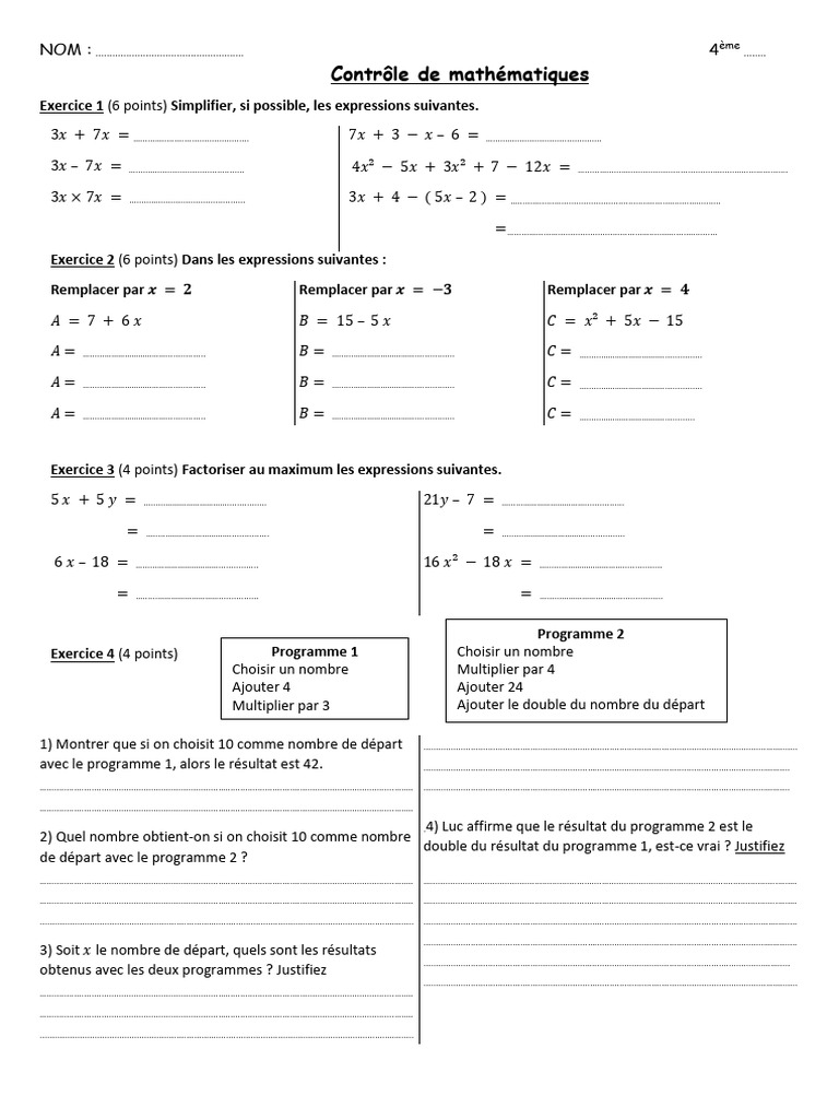 Contrôle 1 - 4ème - Calcul Littéral | PDF | Mathématiques