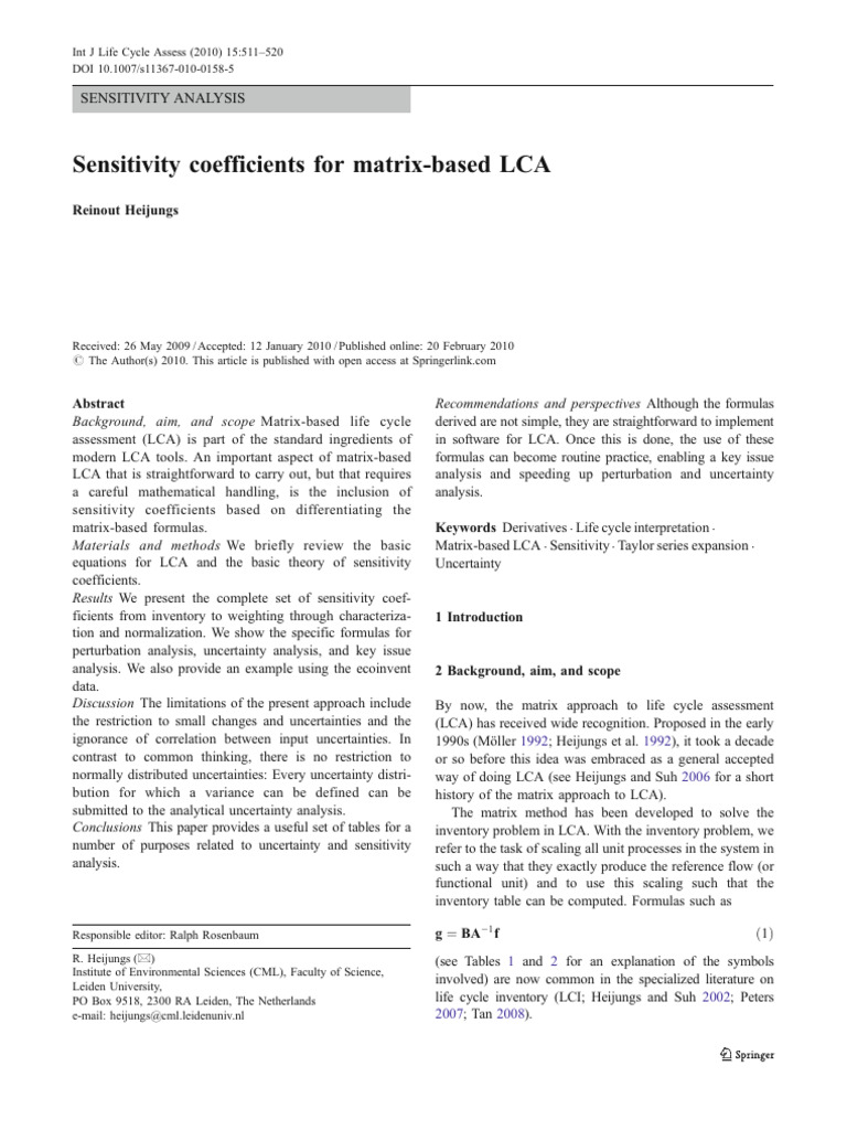 Sensitivity Coefficients For Matrix-Based LCA | PDF | Life Cycle Assessment | Sensitivity Analysis