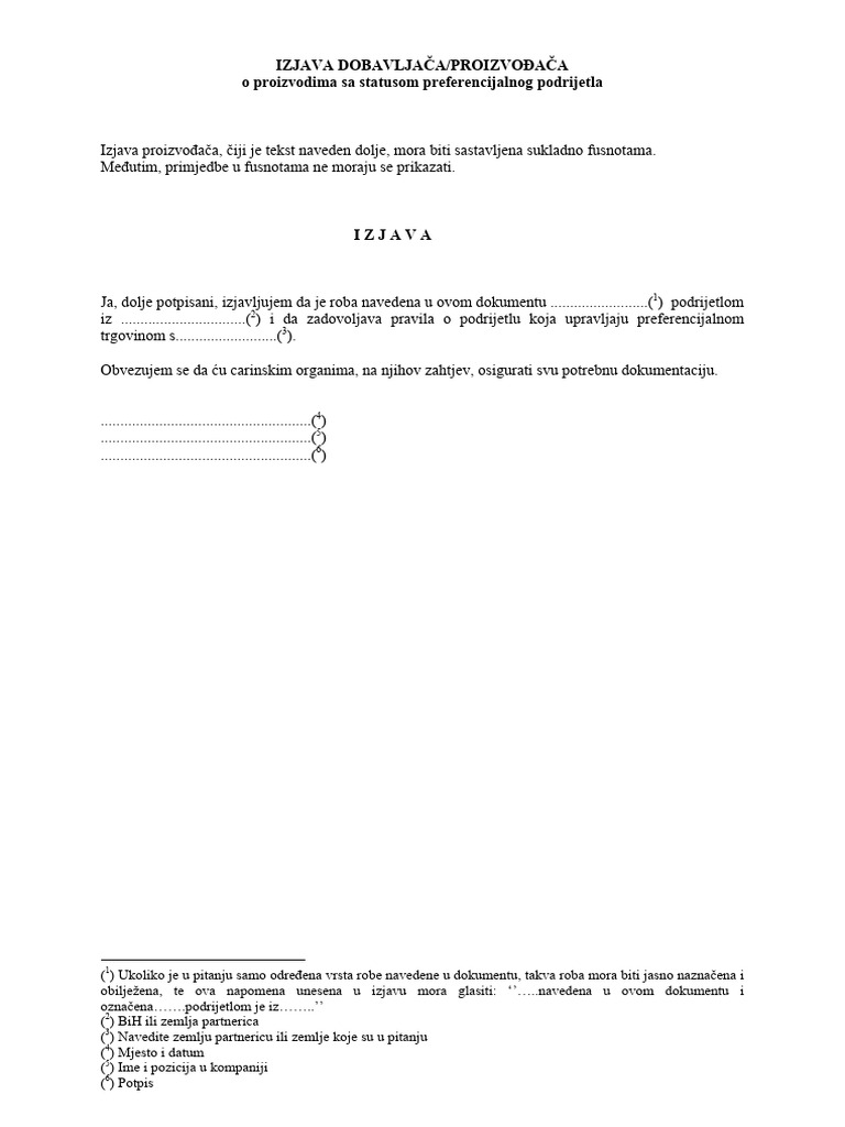 Izjava Dobavljaca Proizvodjaca | PDF