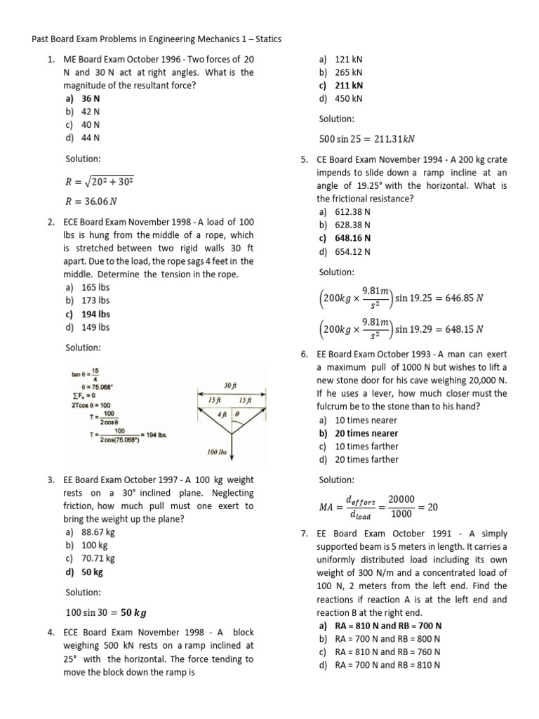 Past Board Exam Problems in Statics | PDF | Lever | Force