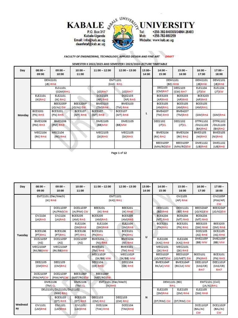 Fetadfa Lecture Time Table Semester i 2023_24 and Semester II 2022_23 Draft | PDF | Engineering ...