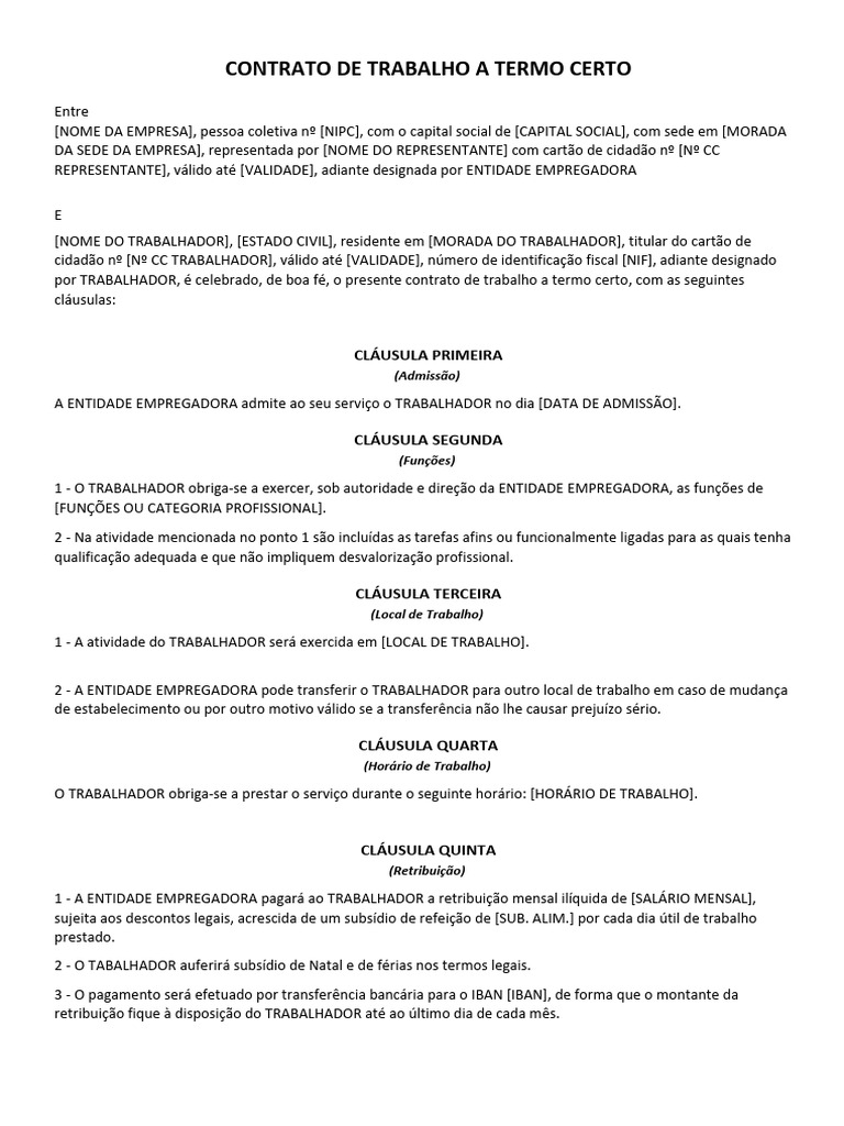 Minuta de Contrato de Trabalho A Termo Certo Portal Ciberforma | PDF | Férias trabalhistas ...