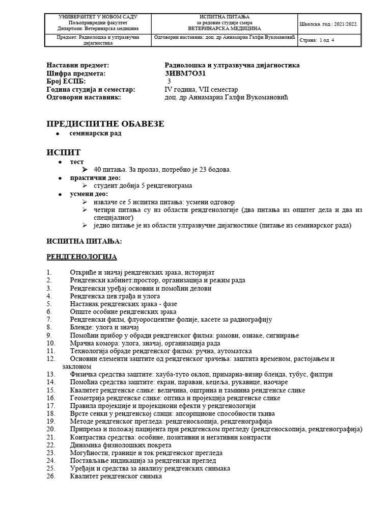 Ispitna Pitanja Radiološka I Ultrazvučna Dijagnostika 2019 | PDF