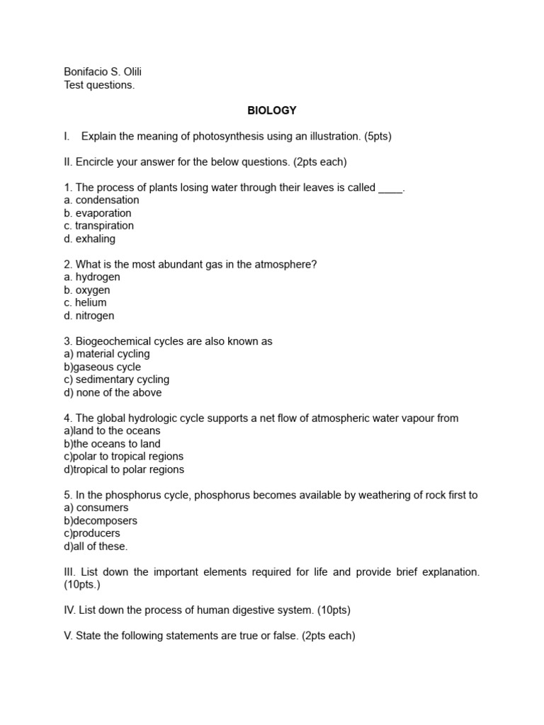 Biology Test Question | PDF