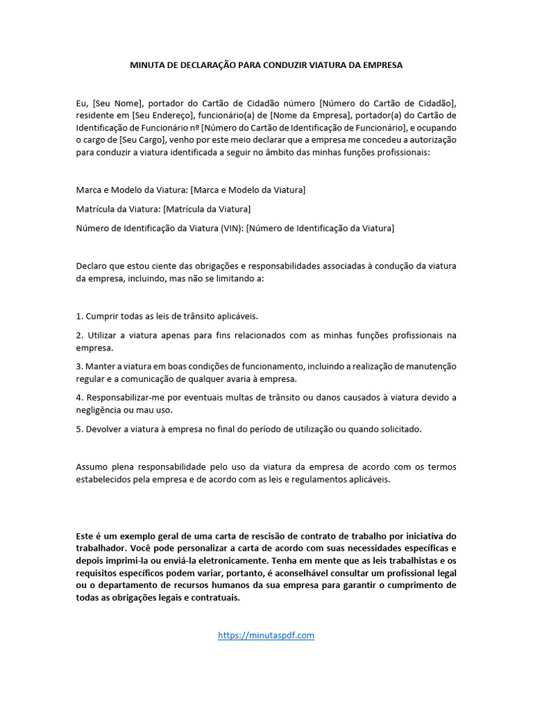 Minuta de Declaracao para Conduzir Viatura Da Empresa | PDF