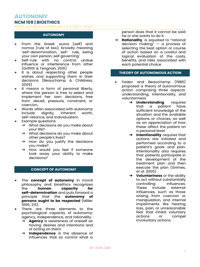 NCM 108 - Lesson 1 - Autonomy | PDF | Autonomy | Informed Consent