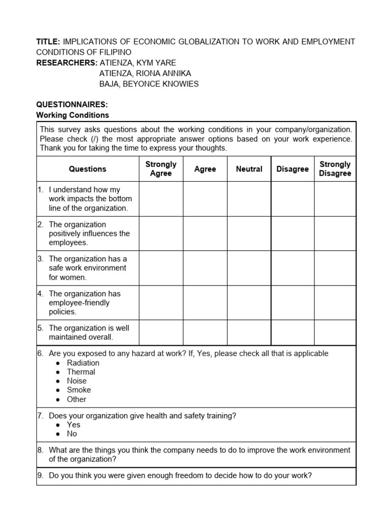TCW Research Questionnaires | PDF | Job Satisfaction | Occupational ...