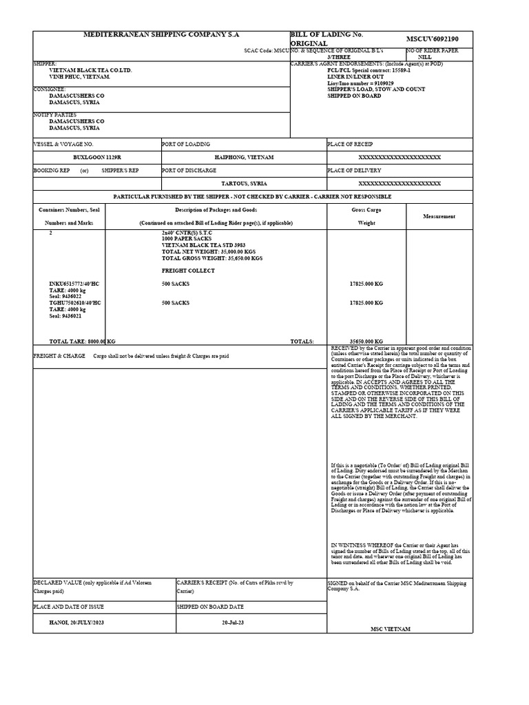 Bill of Lading | PDF | Bill Of Lading | Cargo