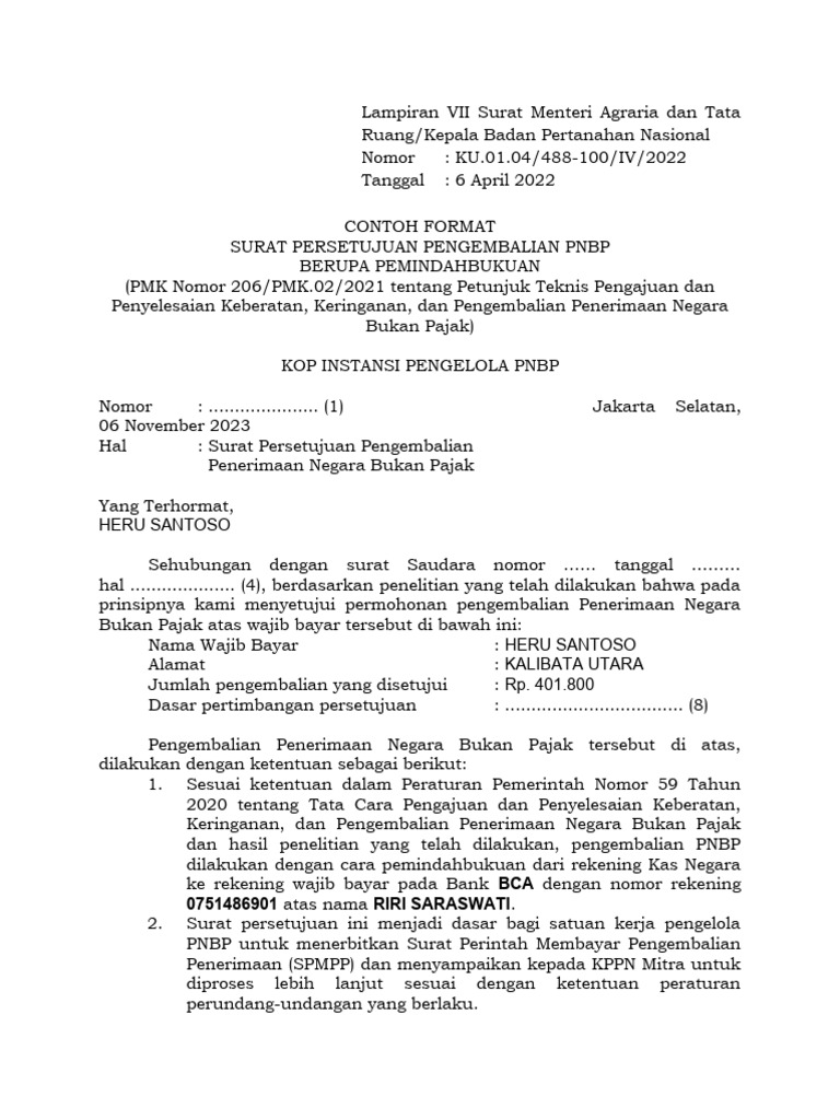 Surat Persetujuan Pengembalian PNBP | PDF