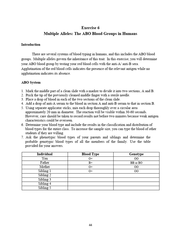 Genetics Lab Exercise 6 - Multiple Alleles and ABO Blood Groups in ...