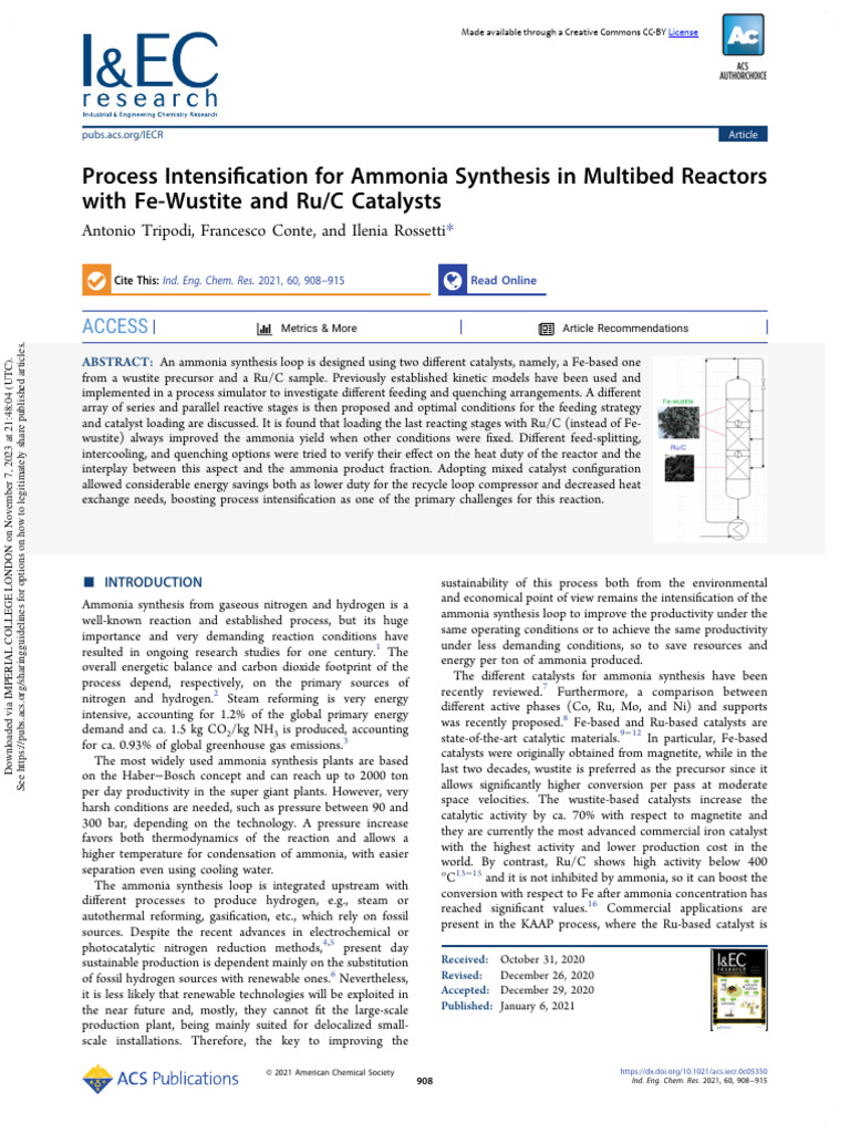 Tripodi Et Al 2021 Process Intensification For Ammonia Synthesis in Multibed Reactors With Fe ...