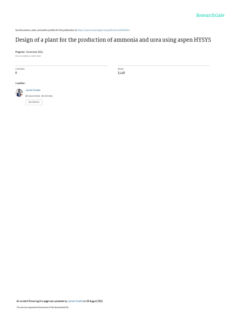 Design1 Of A Plant For The Production Of Ammonia And Urea Using Aspen Hysys1 Pdf Urea Ammonia