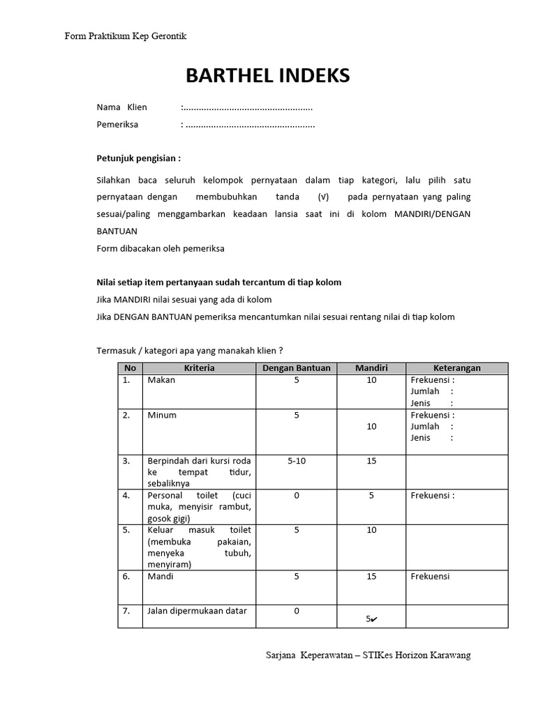 Form Barthel Index | PDF