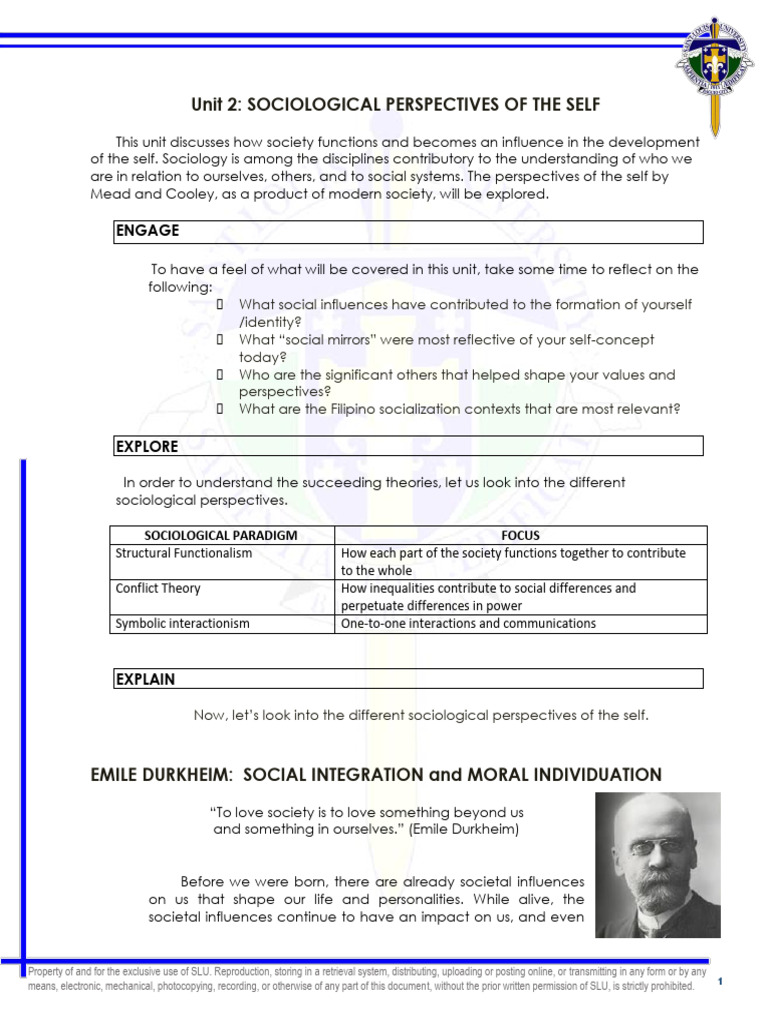 Unit 2: Sociological Perspectives of The Self: Engage | PDF | Sociology ...