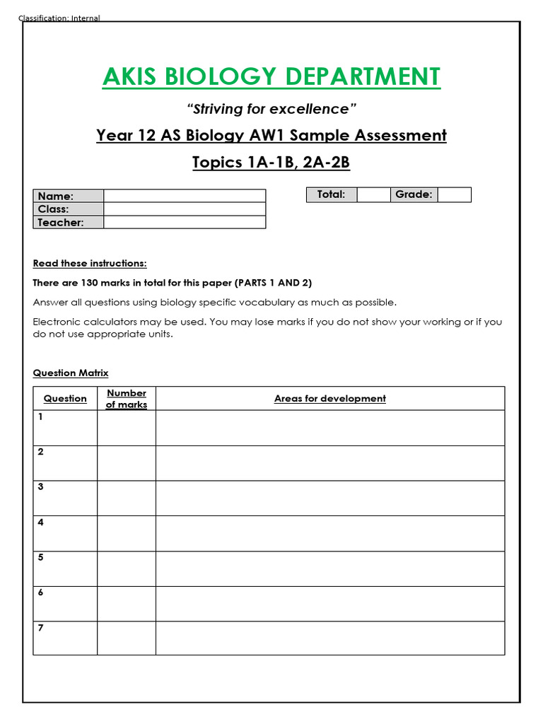 Y12 AW1 Biology Sample Assessment 1 QP | PDF