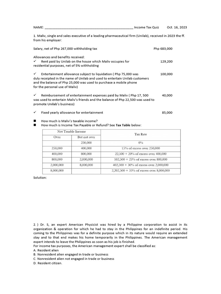 Income Tax Quiz - 101623 | PDF | Income Tax | Taxes