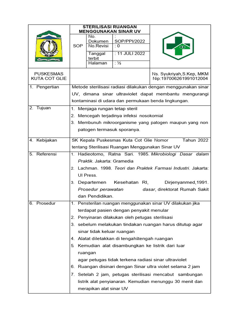 Sop Sterilisasi Ruangan Menggunakan Sinar Uv | PDF