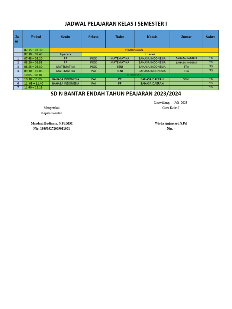 Jadwal Pelajaran Kelas 1 Kurikulum Merdeka Pdf