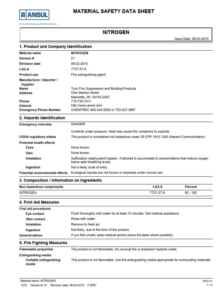 MSDS Ansul NITROGEN | PDF | Hazardous Waste | Resource Conservation And Recovery Act