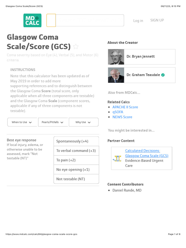 Glasgow Coma Scale Score Calculator | PDF | Human Diseases And ...