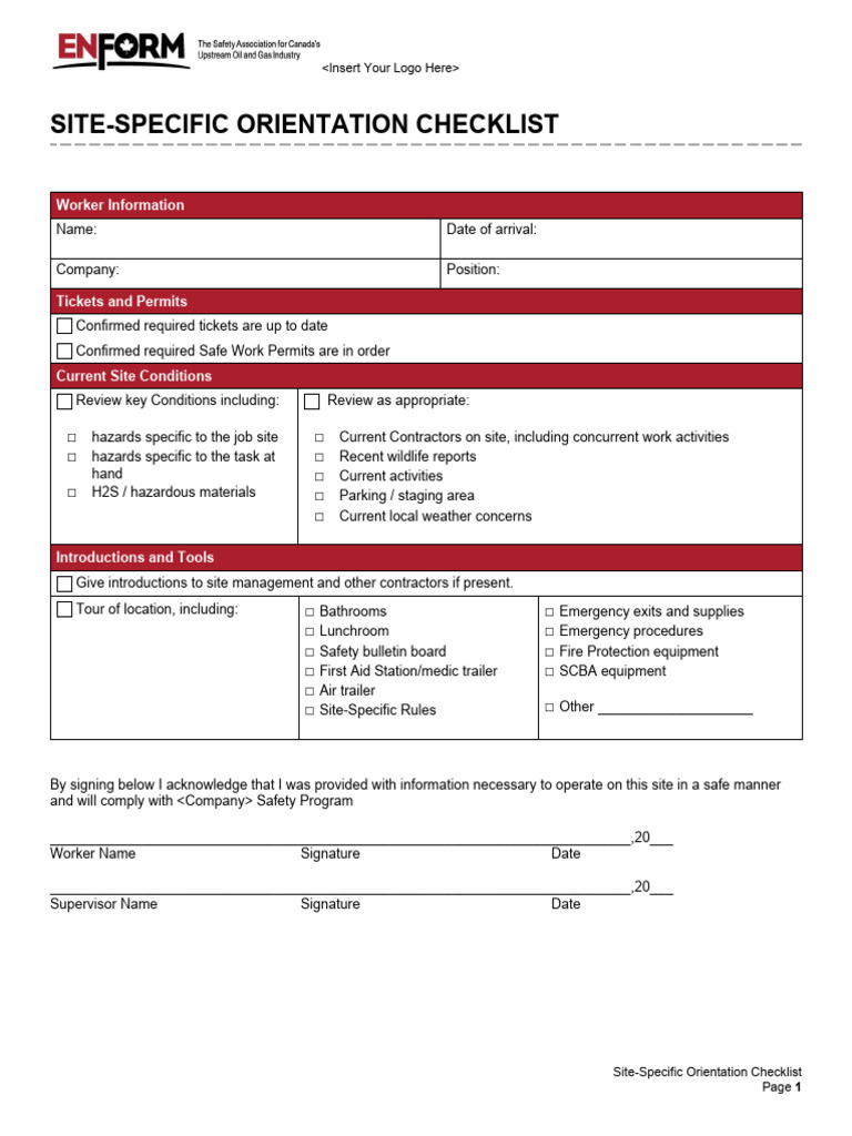 Site-Specific Orientation Checklist | PDF
