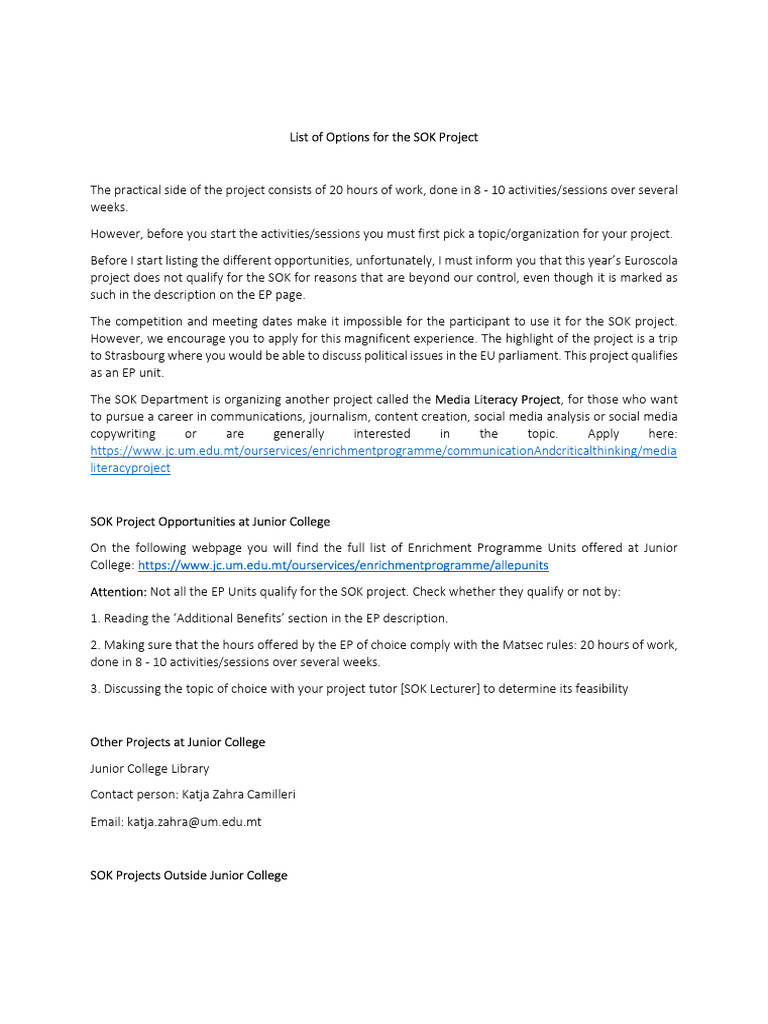 List of Options For The SOK Project | PDF | Communication | Human ...