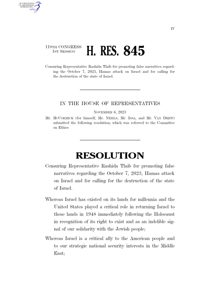Resolution To Censure Representative Rashida Tlaib | PDF | Israel ...
