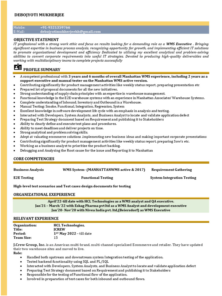 Debojyoti Active Wms Profile PDF | PDF | Scrum (Software Development) | Warehouse