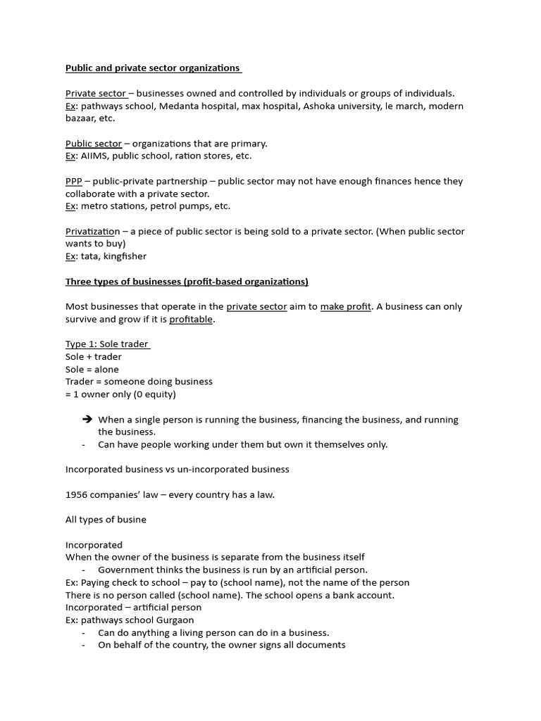 Business Management Notes On Private and Public Sector Organisations ...