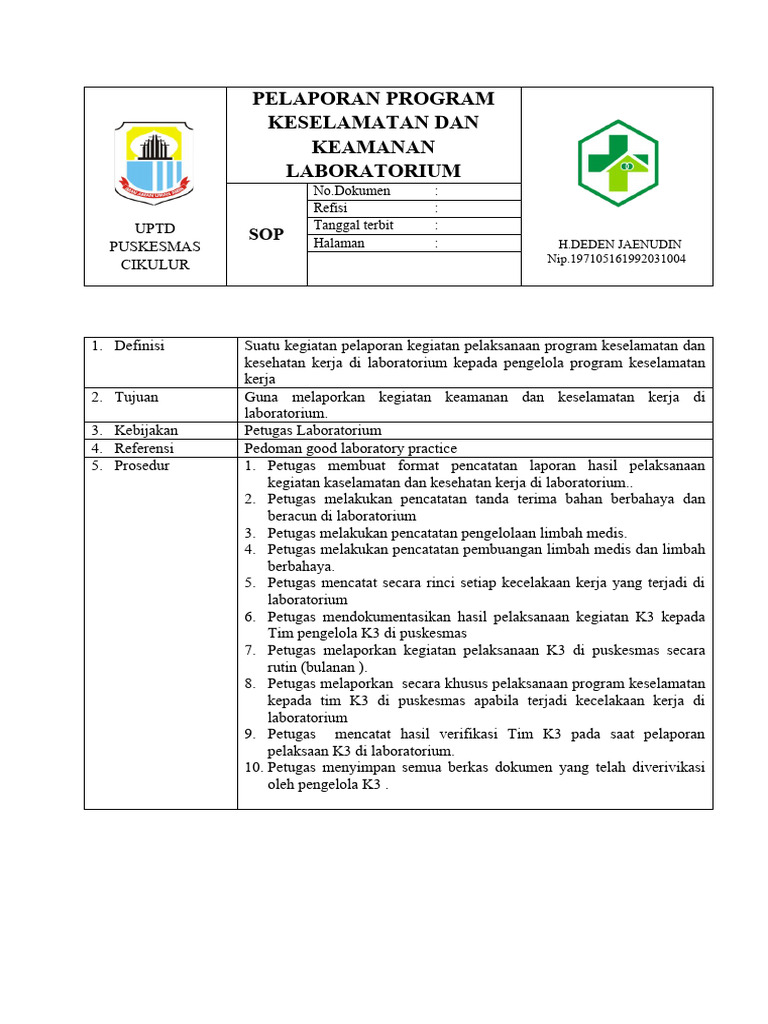 SOP Pelaporan Keselamatan Dan Keamanan Laboratorium | PDF
