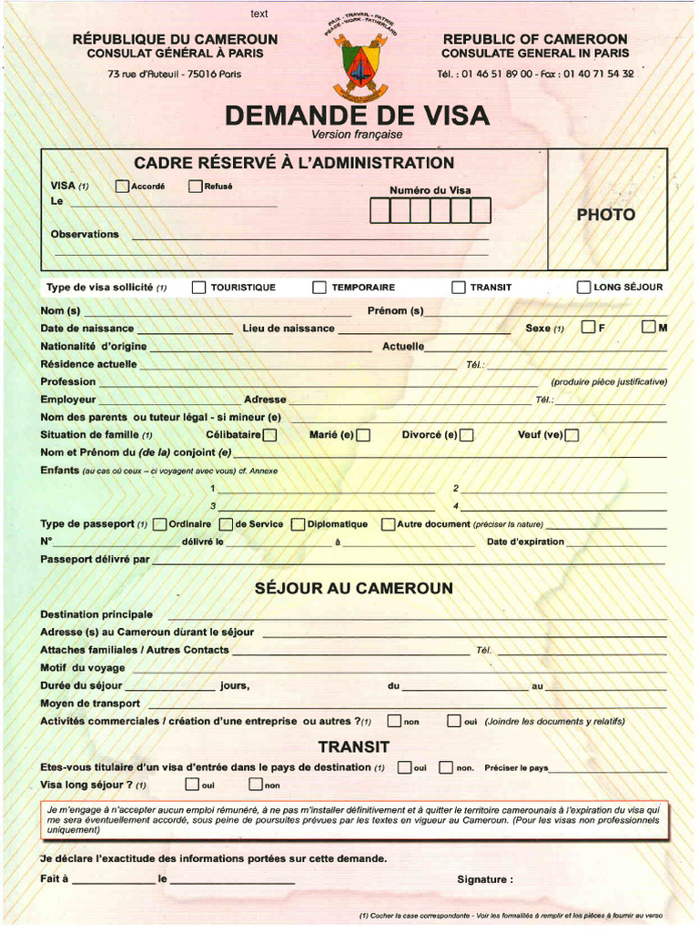 Cameroun-Formulaire Visa PDF | PDF