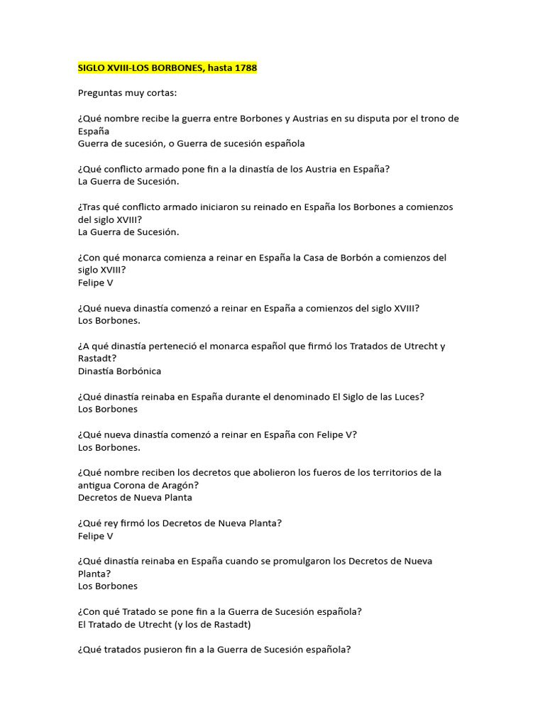 Preguntas Cortas Historia Pdf Imperio Español España