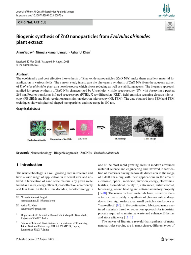 Biogenic Synthesis of Zno Nanoparticles From Evolvulus Alsinoides Plant Extract | PDF | Zinc ...
