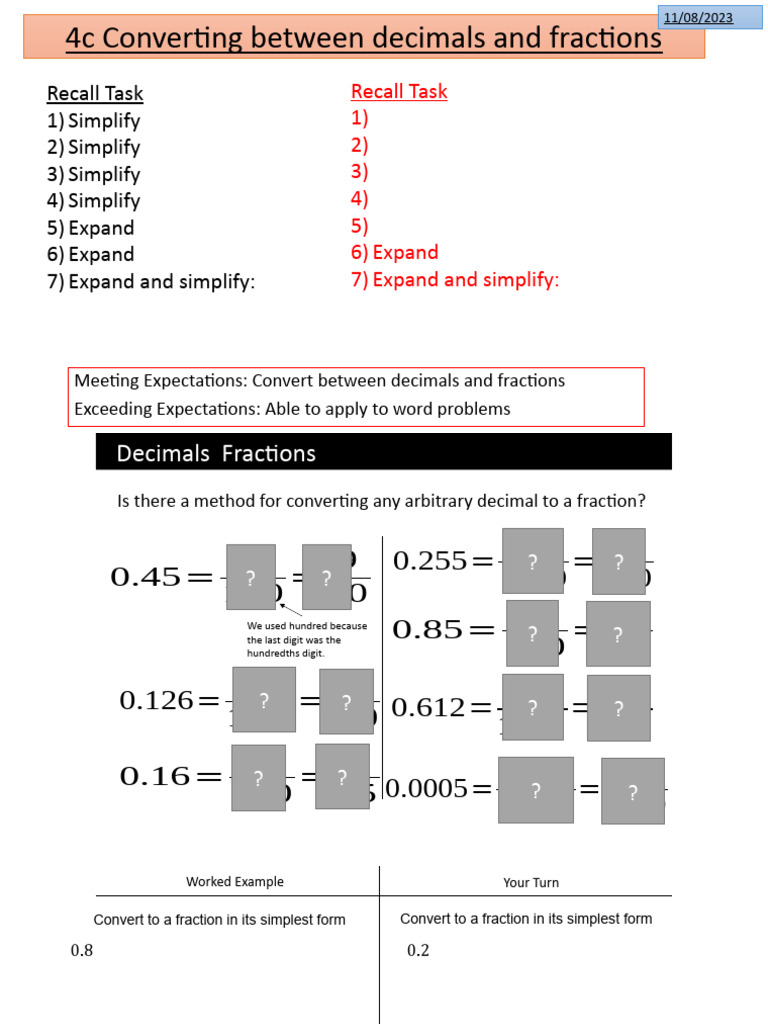 4c Converting Between Decimals and Fractions | PDF | Decimal | Mathematics
