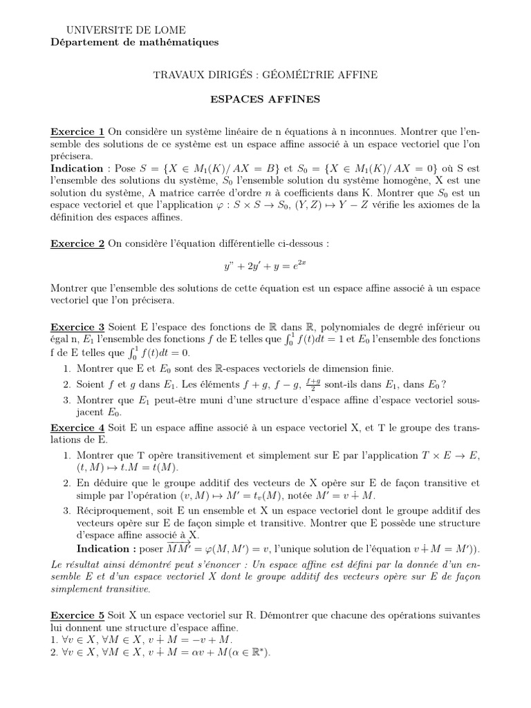 Exercices sur les espaces affines | PDF | Espace vectoriel | Physique ...