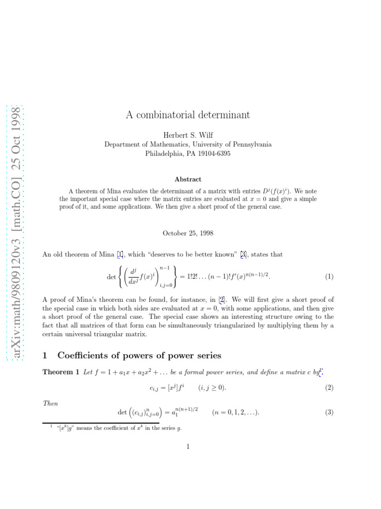 A Combinatorial Determinant Pdf Matrix Mathematics Determinant
