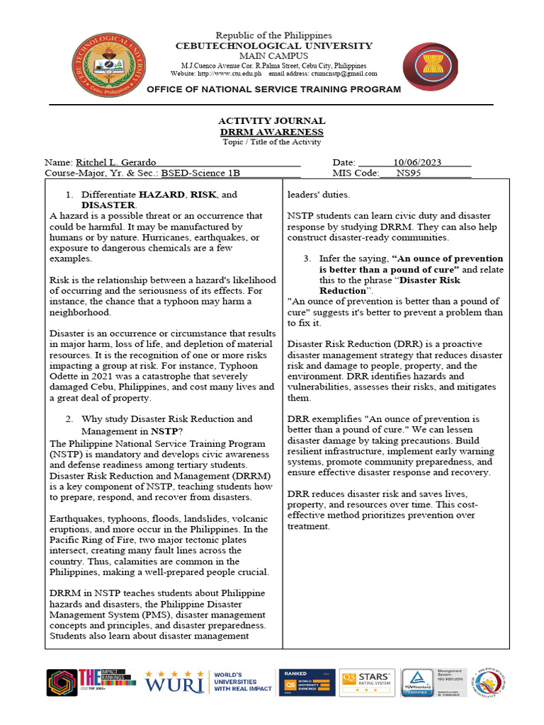 1st 2023 24 Activity Journal DRRM Answer | PDF | Emergency Management | Hazards