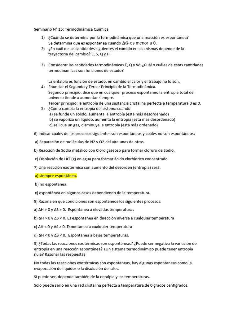 Seminario N Termodinamica | PDF | Entropía | Ácido clorhídrico