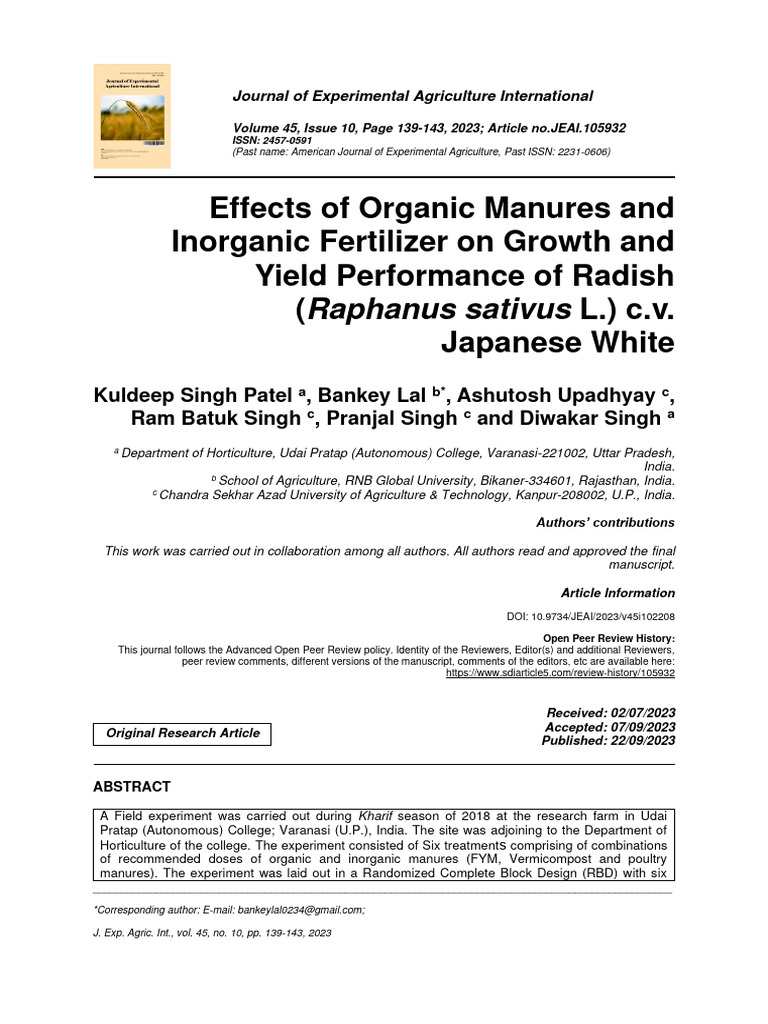 Effects of Organic Manures and Inorganic Fertilizer On Growth and Yield Performance of Radish ...