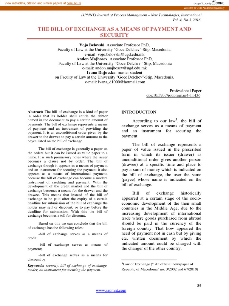 The Bill of Exchange As A Means of Payment and Security | PDF ...