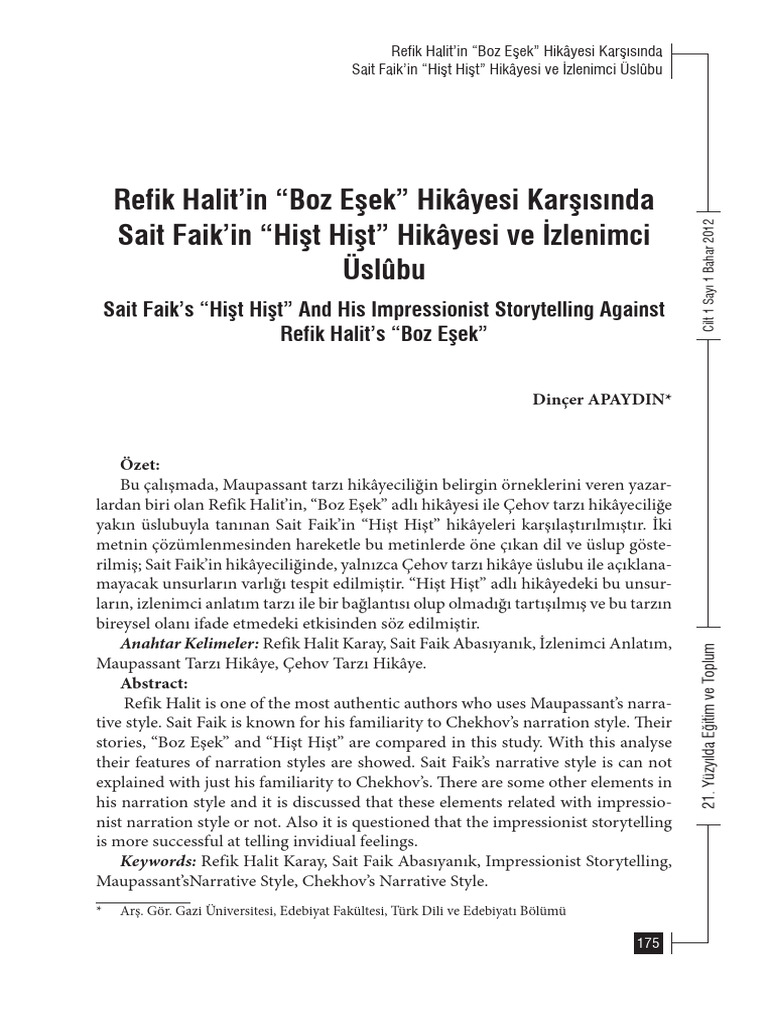 Refik Halit in Boz E Ek Hik Yesi Kar S Nda Sait Faik in Hi T Hi T Hik ...