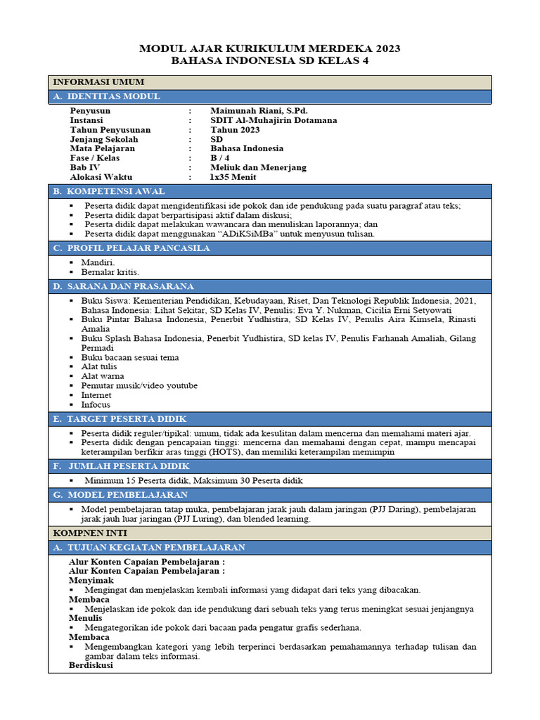Modul Ajar B Indo Bab 4 Kelas 4 Prasarana Pdf